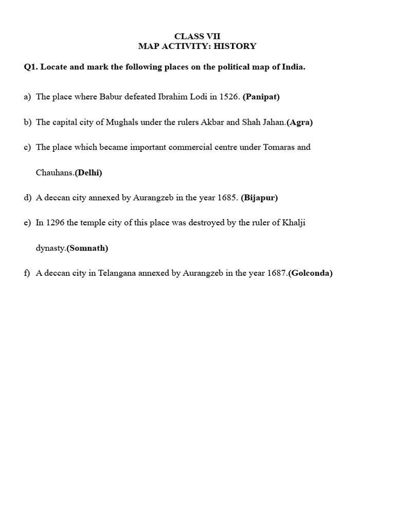 Class Vii-Map Activity-History-Class 7 | PDF