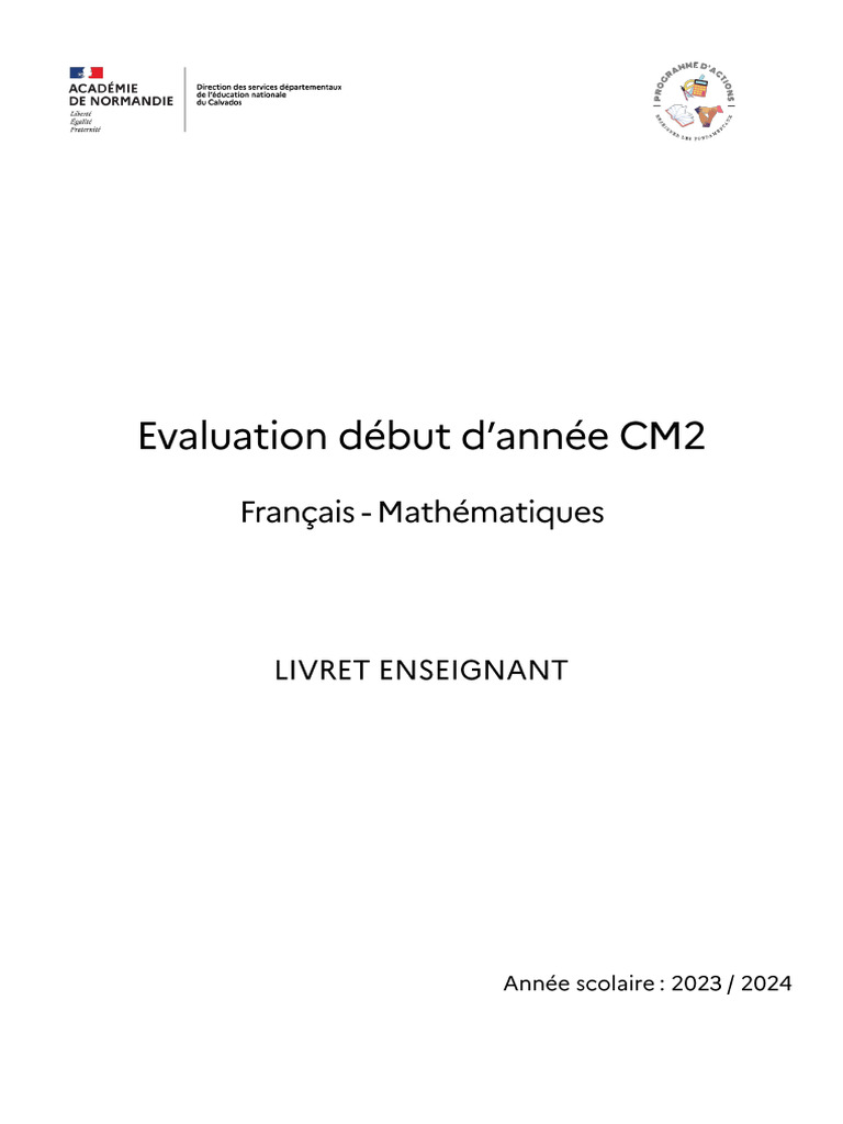 Evaluations Cm2 - Livret Enseignant - Version Juin 2023 | PDF