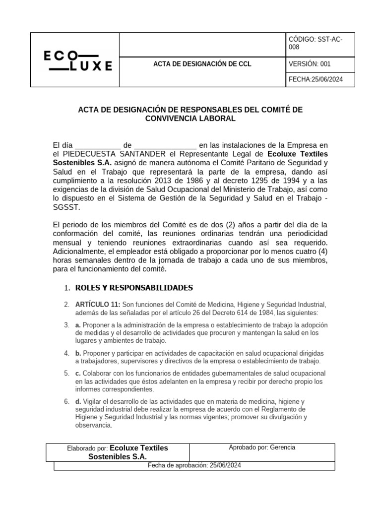 SST-AC-008 ACTA DE DESIGNACION DE CCL | PDF
