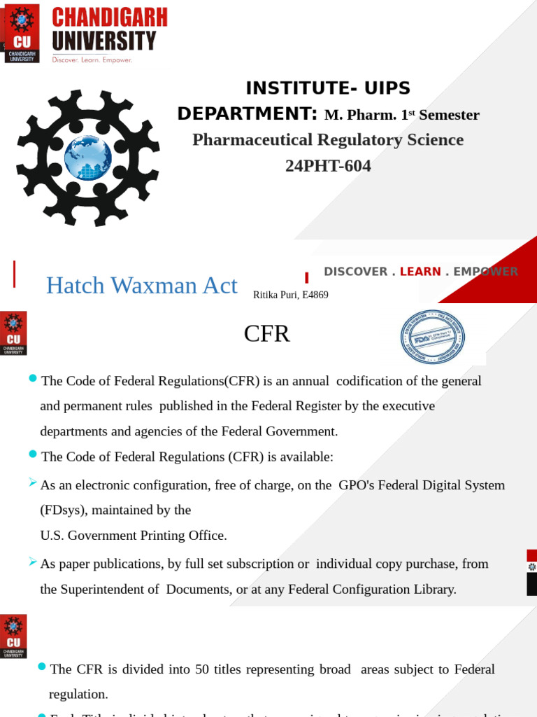 CFR and Hatch Waxman Act | PDF