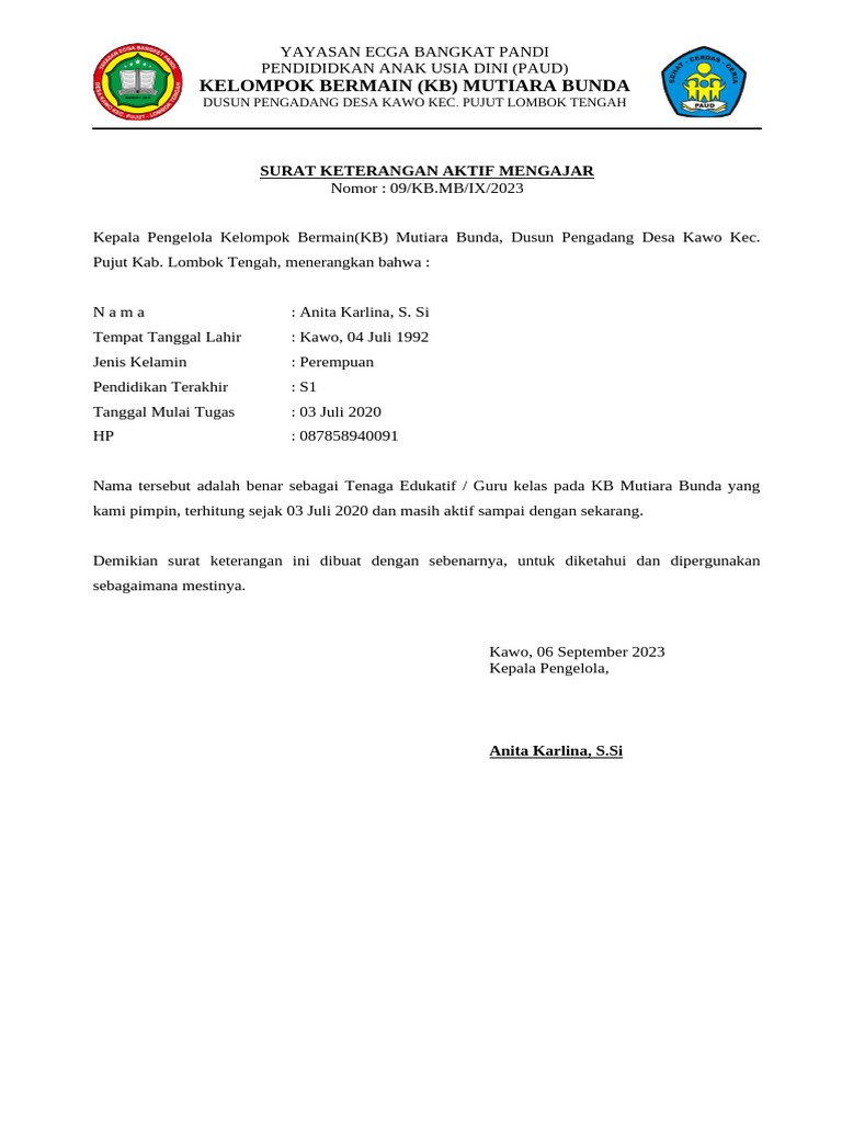 surat-keterangan-aktif-mengajar kb | PDF
