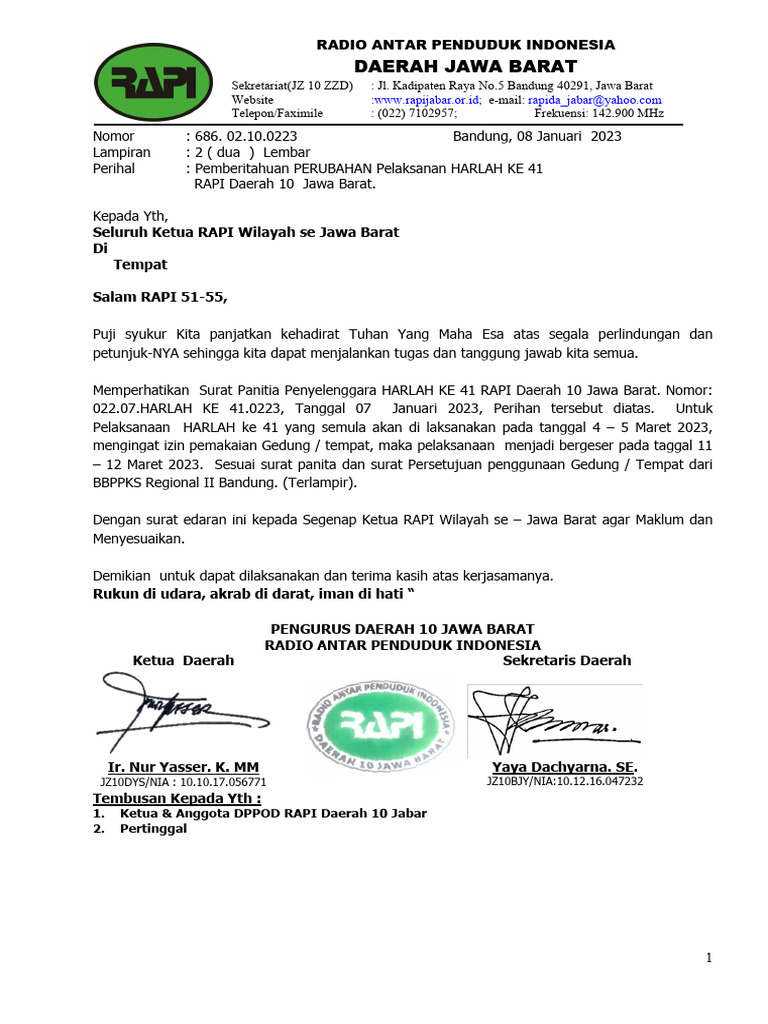 Surat Edaran Perubahan TGL Pelaksaan HARLAH RAPI JABAR Ke 41 | PDF