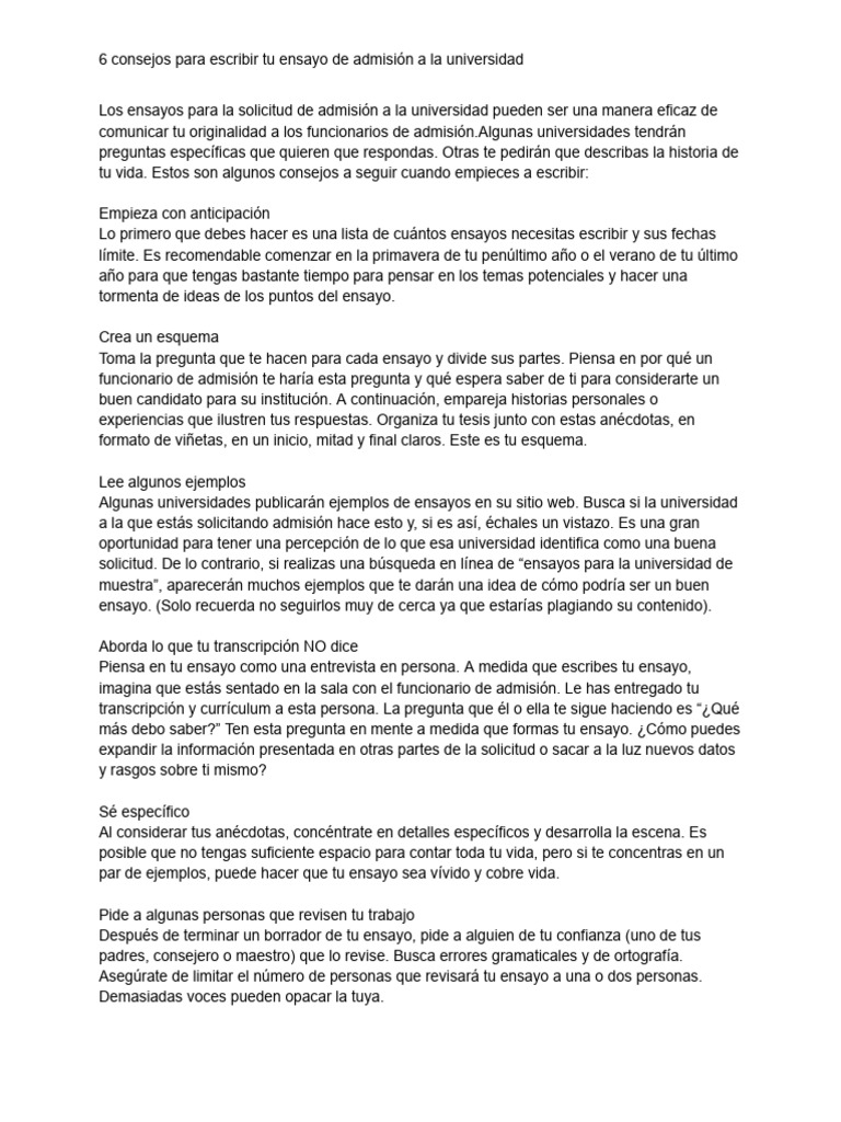 6 Consejos para Escribir Tu Ensayo de Admisión A La Universidad | PDF