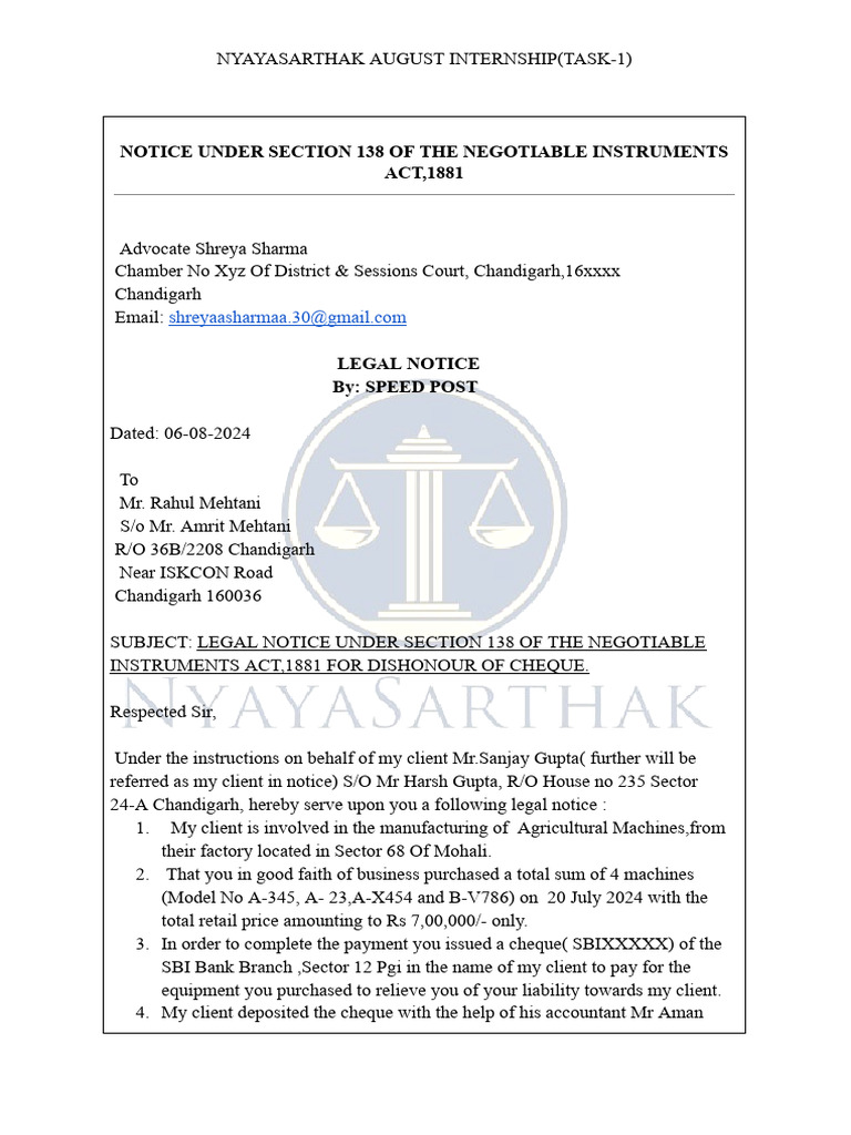 Notice Under Section 138 of The Negotiable Instruments Act, 1881 | PDF