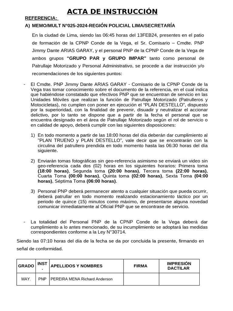 Acta de Instruccion Memo 025 Del 13feb24 Plan Destello | PDF