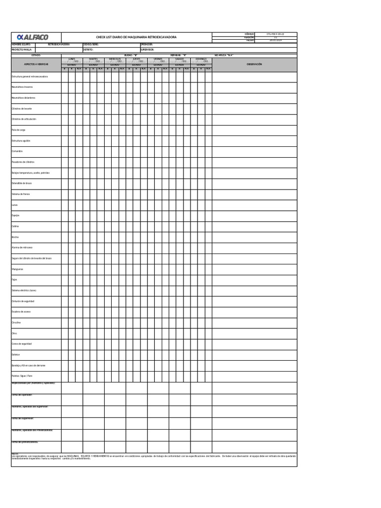 CTG-HSE-F-00-22 Check List Diario de Máquina Retroexcavadora V1 | PDF