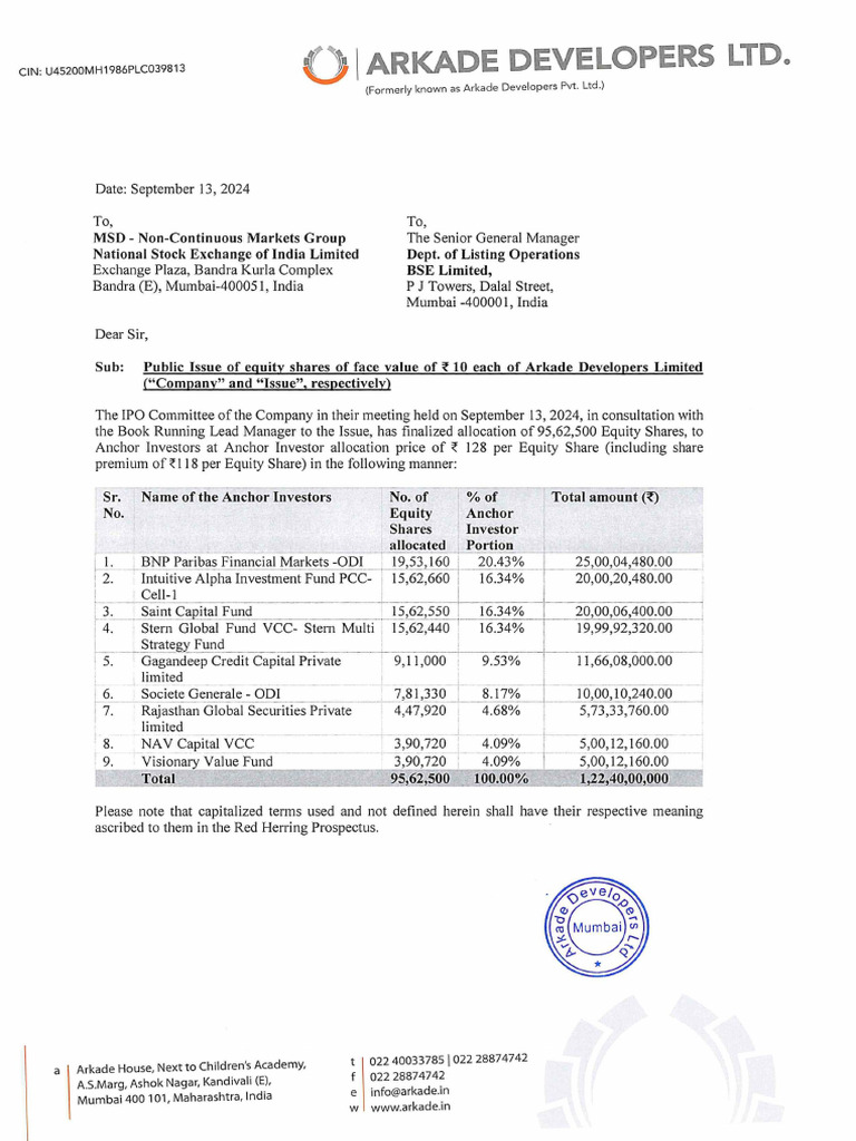 Arkade - Intimation Anchor Allocation Letter | PDF