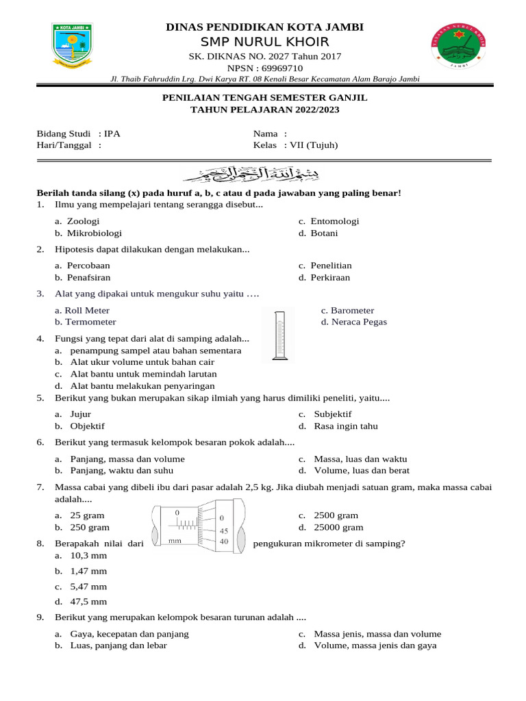 Soal Pts Ipa Kelas 7 Semester 1 Pdf