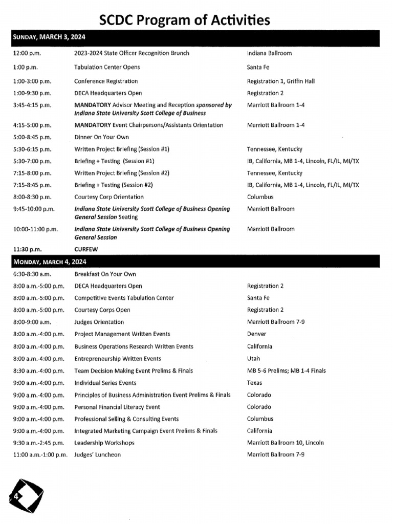 DECA SCDC 2024 Schedule | PDF