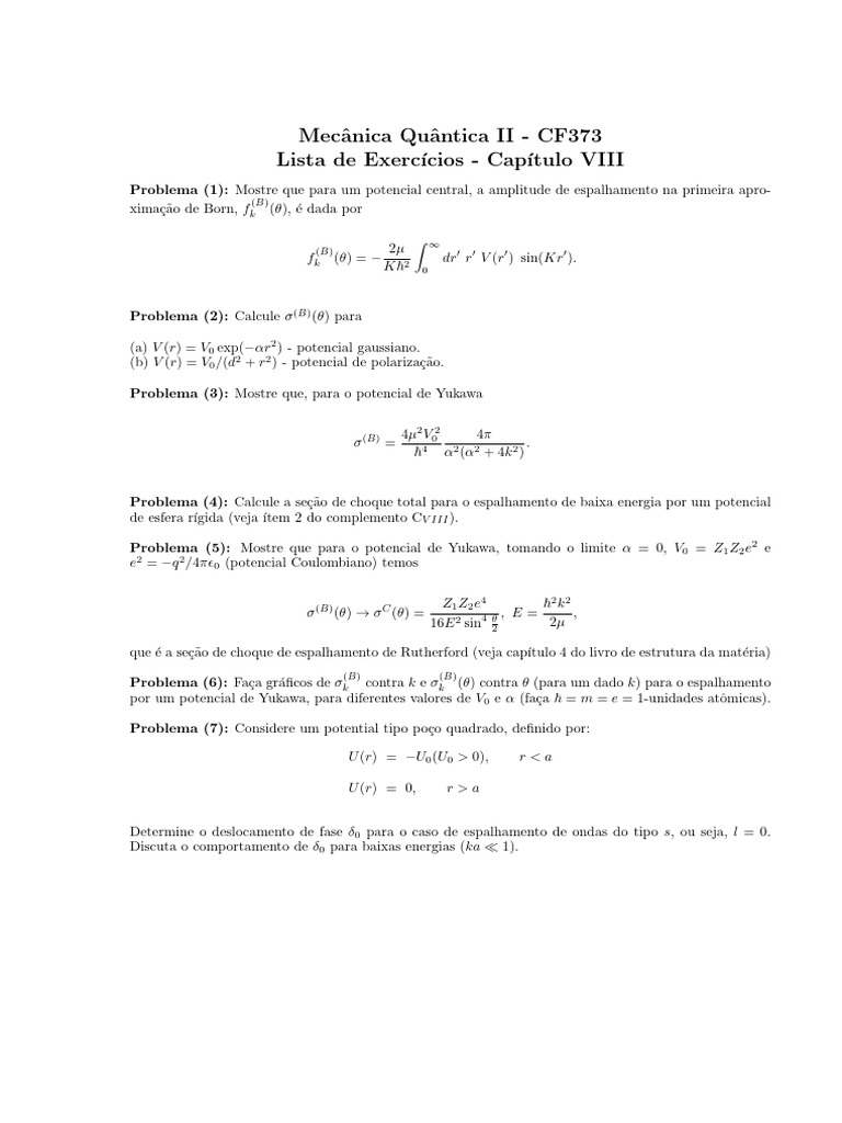 Lista-Cap-VIII Quântica 2 | PDF