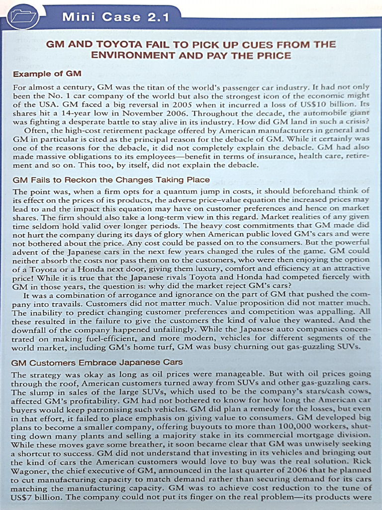 Mini Case - GM Toyota Fail To Pick Up Cues From Environment and Pay The ...