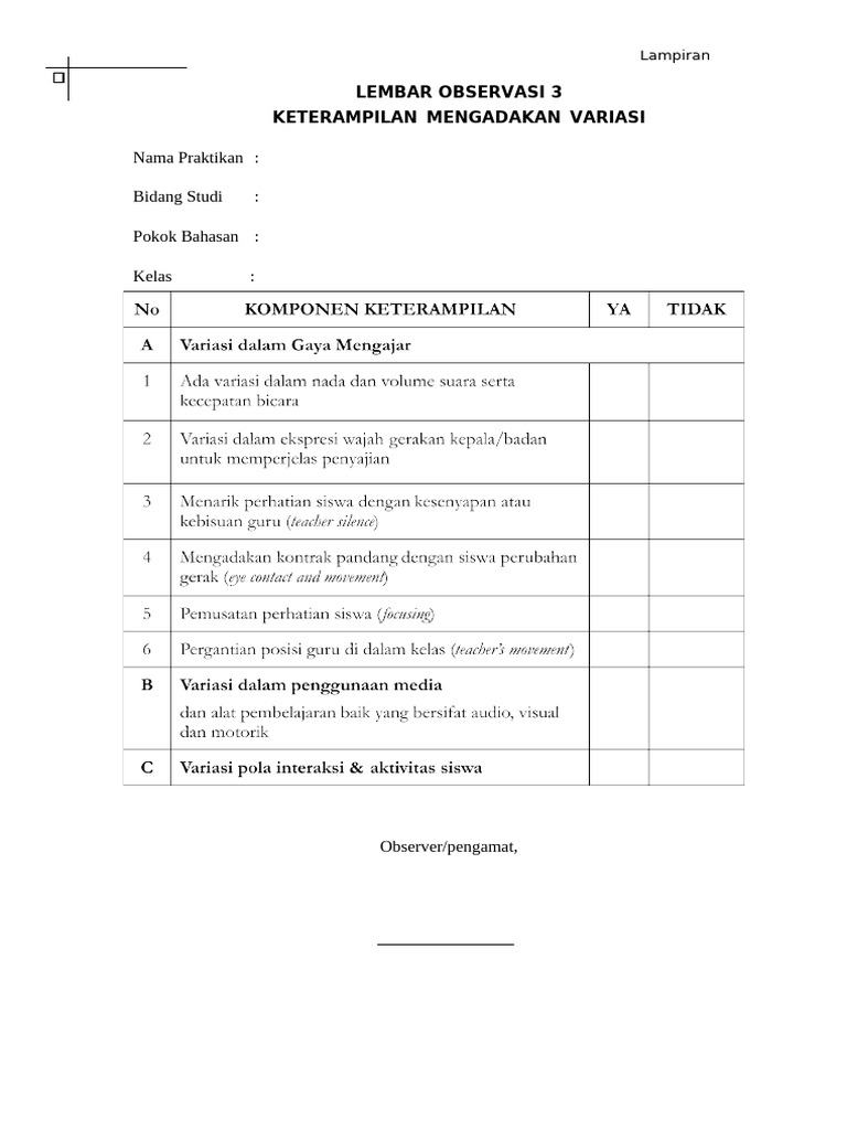 Lembar Obser Keterampilan Variasi | PDF