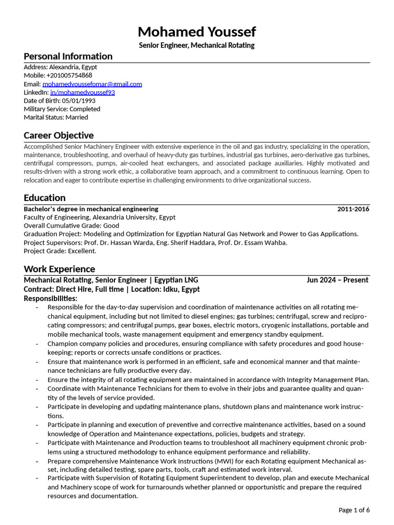 Mohamed Youssef - Senior Engineer, Mechanical Rotating | PDF