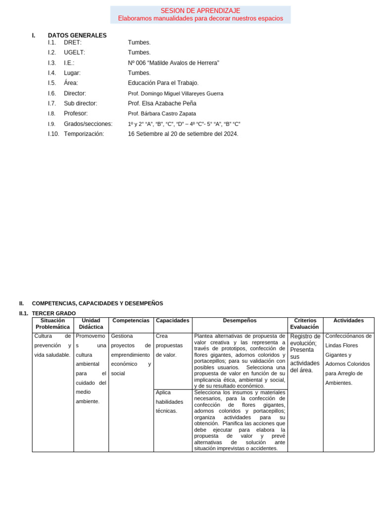 Sesion de Aprendizaje Ept 1 - 1-2-4-5 - Setiembre | PDF