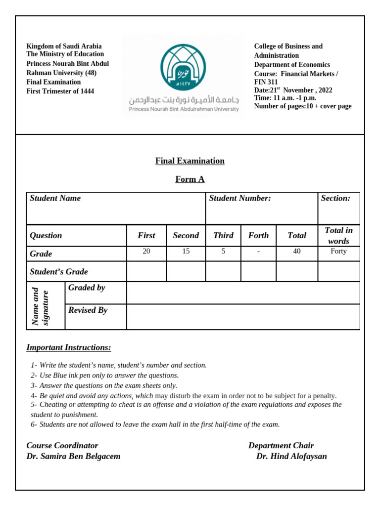 Final Examination Form A 2 | PDF