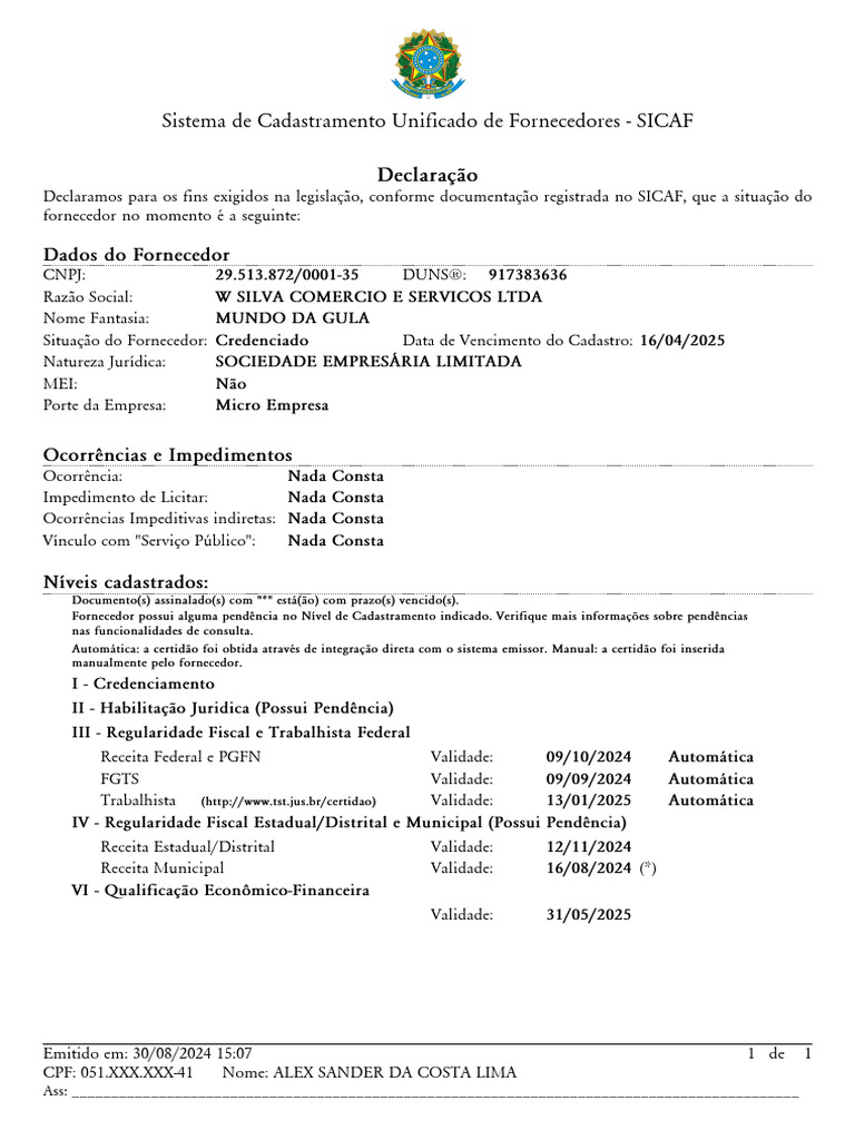 Sistema de Cadastramento Unificado de Fornecedores - SICAF: Declaração ...