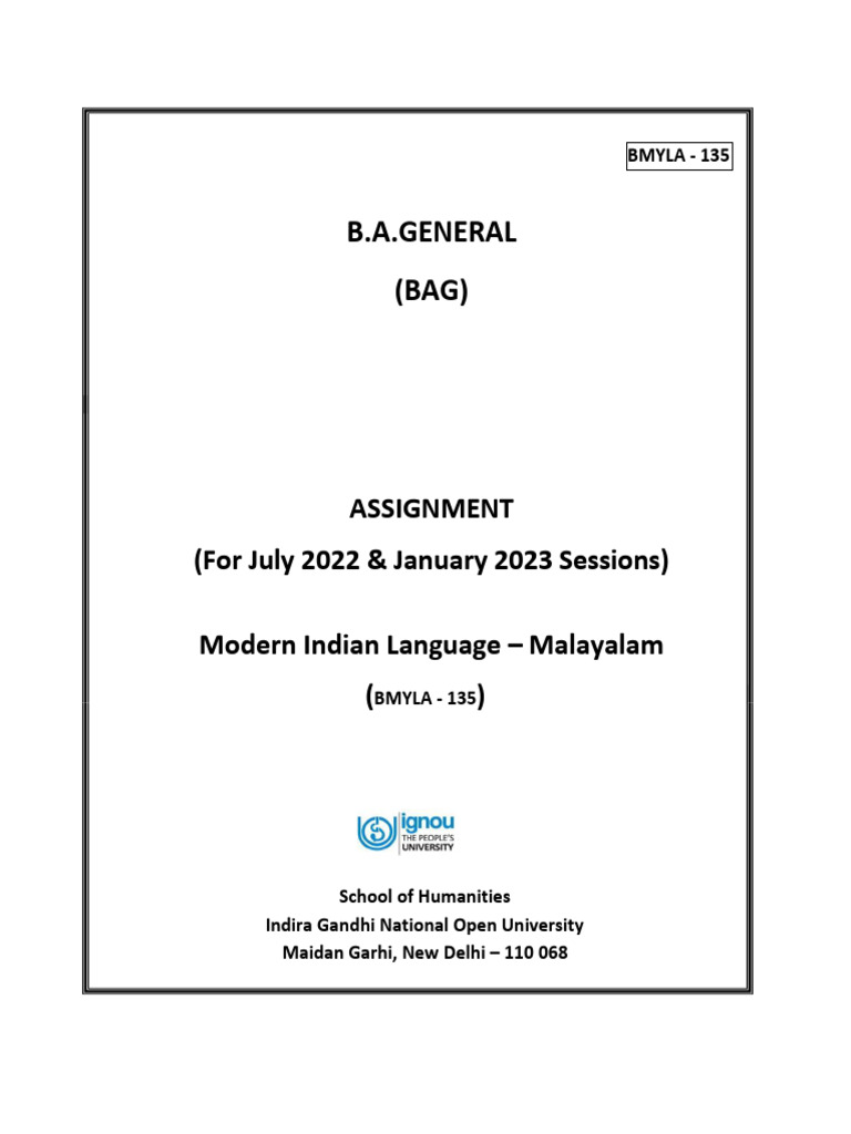 Assignment Bmyla-135, Mil Malayalam Assignment 2022-23 | PDF