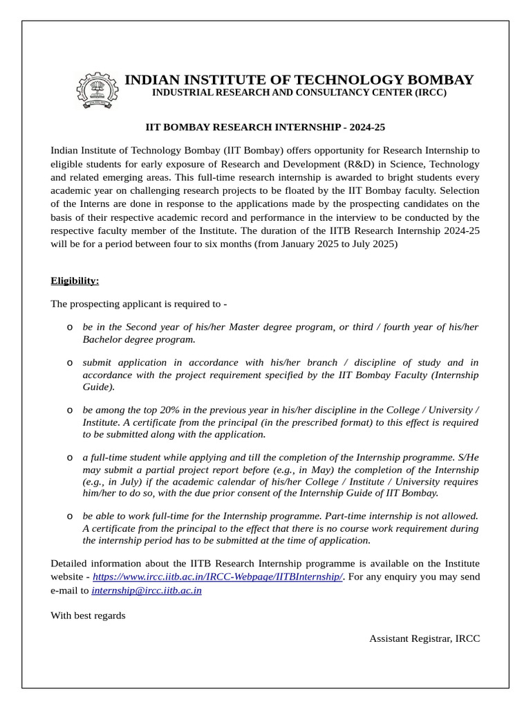 Iitb Internship Pdf