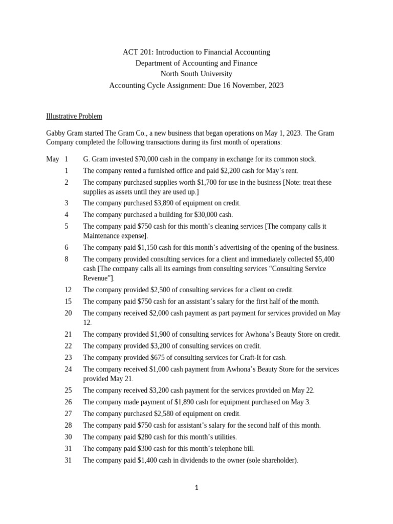 ACT 201 Accounting Cycle Assignment Summer 2023 - 2 | PDF