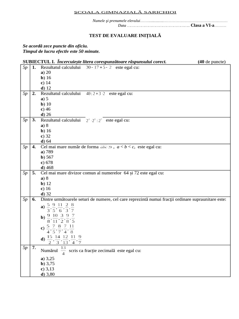 Test Initial Clasa 620212022 | PDF