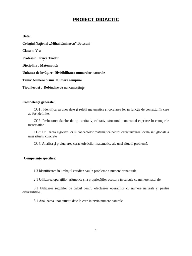 Proiect Didactic Numere Prime | PDF