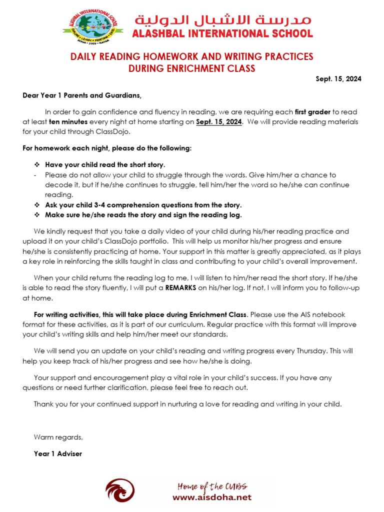 Daily Reading Homework and Writing Practices During Enrichment Class | PDF