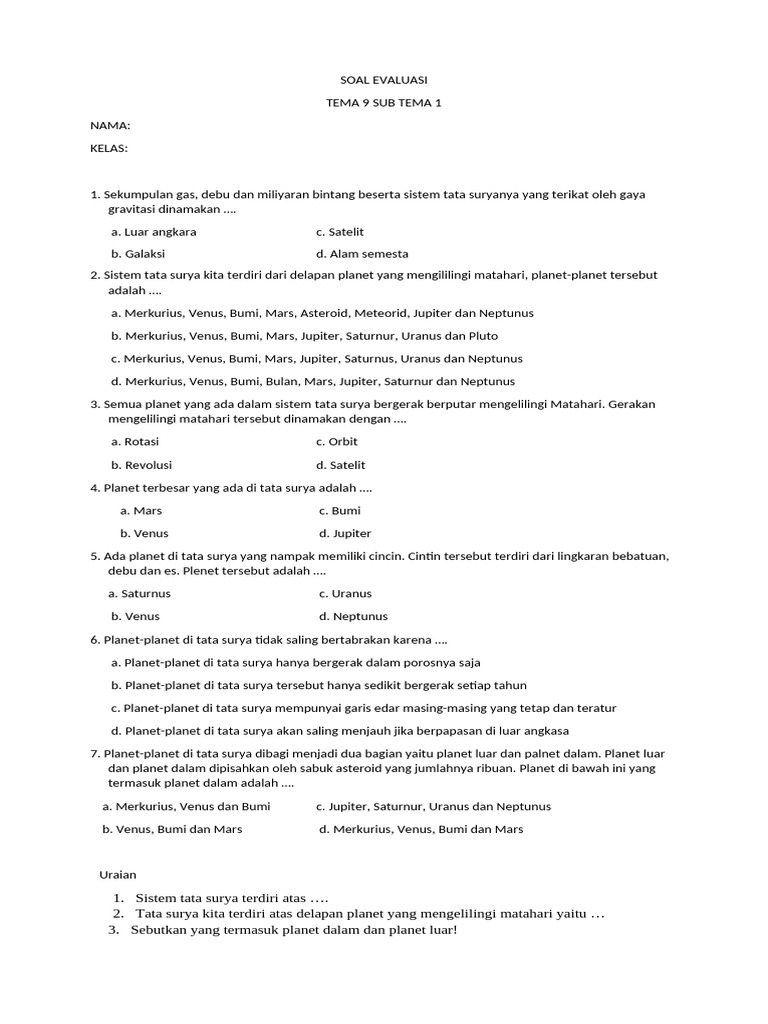 Soal Evaluasi Tema 9 Sub Tema 1 | PDF
