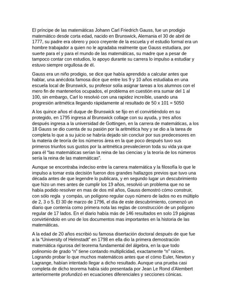 El Príncipe de Las Matemáticas Johann Carl Friedrich Gauss | PDF