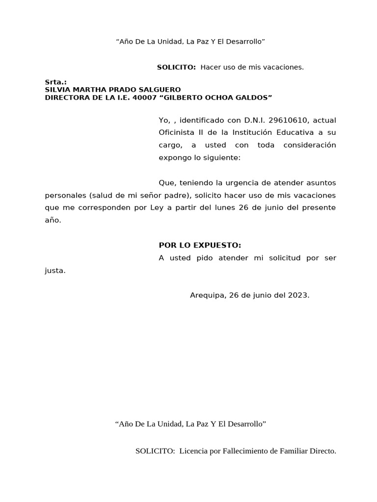 Solicitud de Vacaciones y Licencia por Fallecimiento | PDF