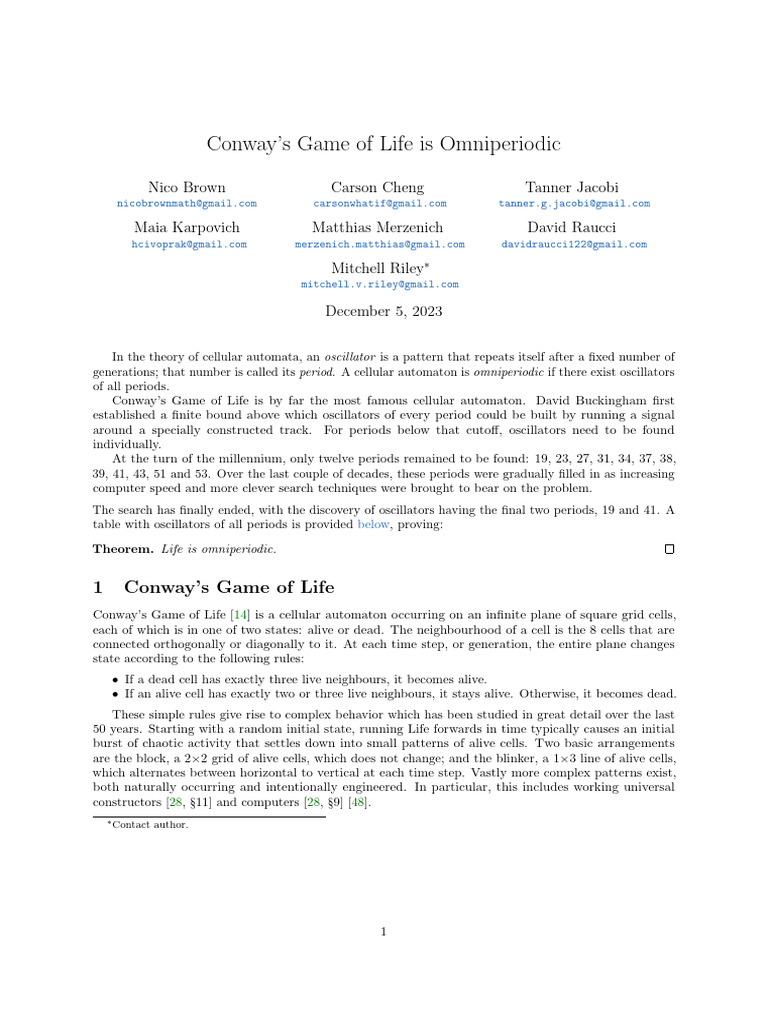 Conway's Game of Life Is Omniperiodic: Nico Brown Carson Cheng Tanner ...