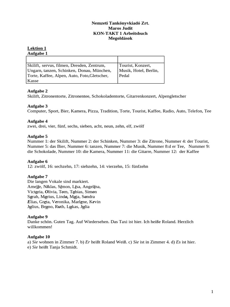 M KON-TAKT 1 Mf. Megoldások 1.rész | PDF