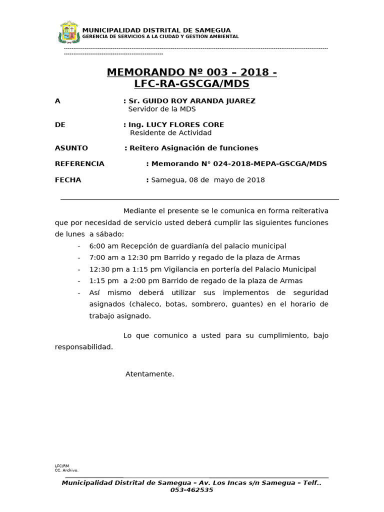 MEMORANDO #001 Sobre Horario de Trabajo | PDF