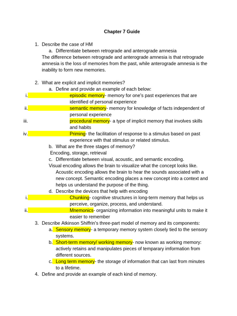 Chapter 7 Guide | PDF | Memory | Amnesia