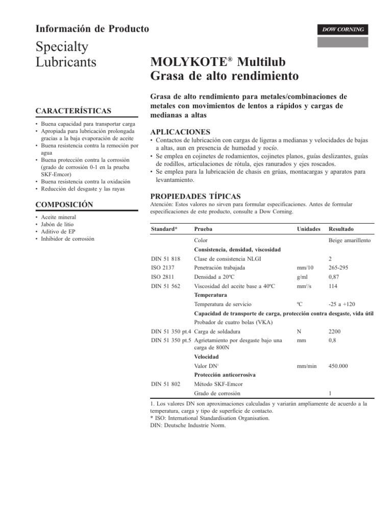 Specialty Lubricants: Molykote Multilub Grasa de Alto Rendimiento | PDF