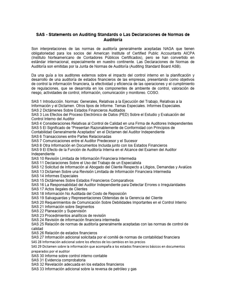 SAS - Statements On Auditing Standards o Las Declaraciones de Normas de ...