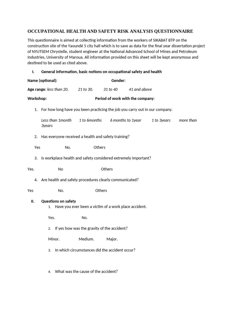 HSE Risk Analysis Questionnaire | PDF | Occupational Safety And Health | Career & Growth