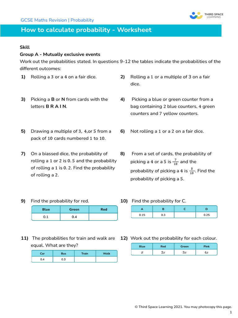 Third Space Learning How To Calculate Probability GCSE Worksheet | PDF