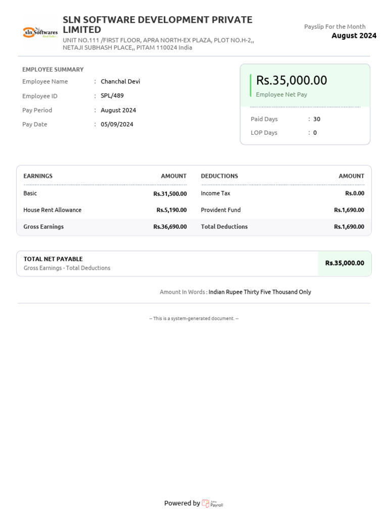 SLN Salary Slip August | PDF