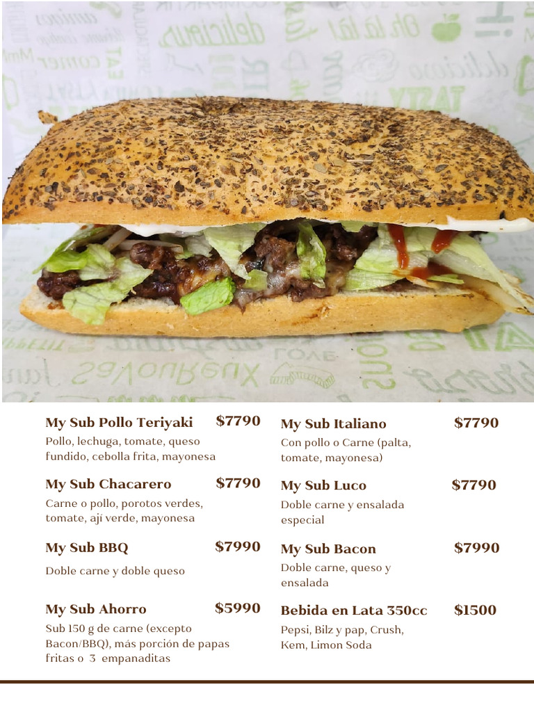 Menú de Submarinos y Bebidas | PDF | Cocina, comidas y vino