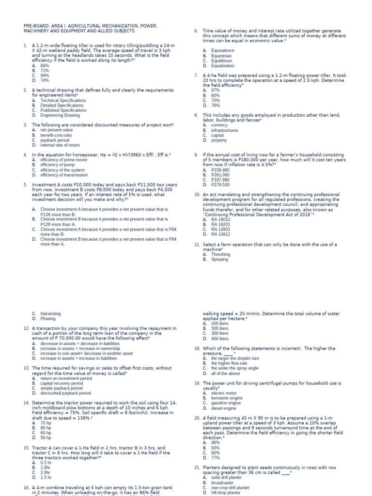 Area 1 (Ampe Clsu) Pre Test | PDF | Cost Of Living | Plough