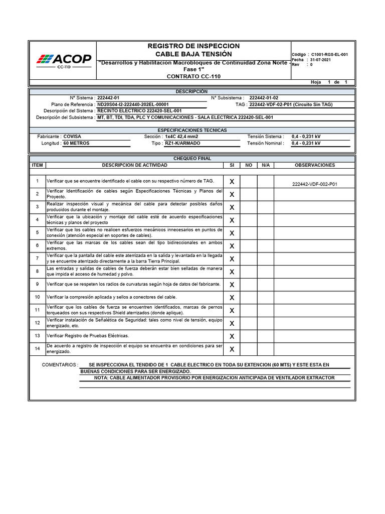 C1001-Rgs-El-001 Inspeccion de Cables Ven 02, Ven 03, Ven 06 y 222440-Sel-001 | PDF | Conector ...