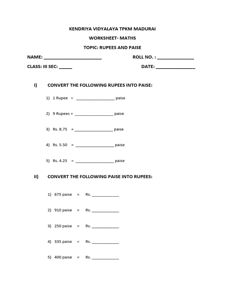 Math Worksheet: Rupees & Paise | PDF