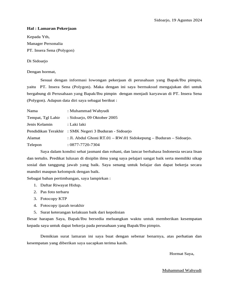 Surat Lamaran Pekerjaan Wahyu | PDF