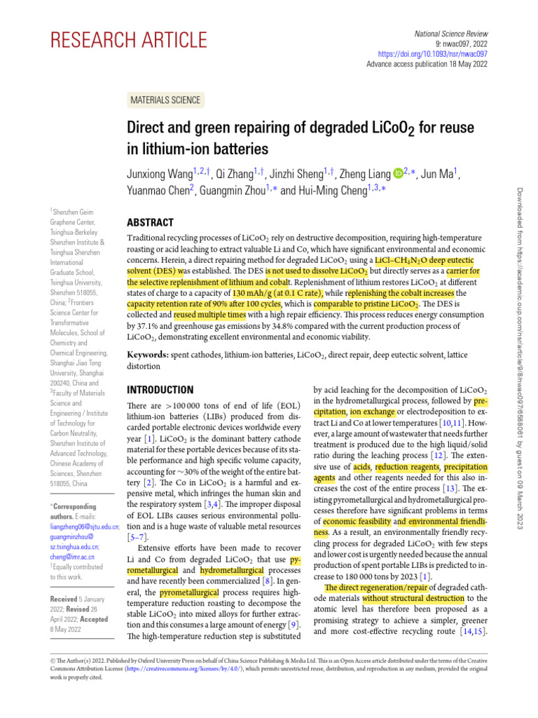 Research Article: Direct and Green Repairing of Degraded Licoo For Reuse in Lithium-Ion ...