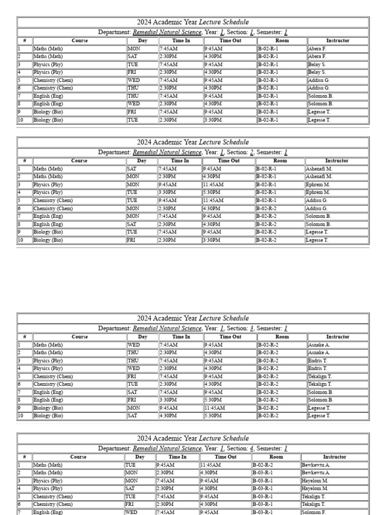Remedial Natural 2016 Schedule | PDF