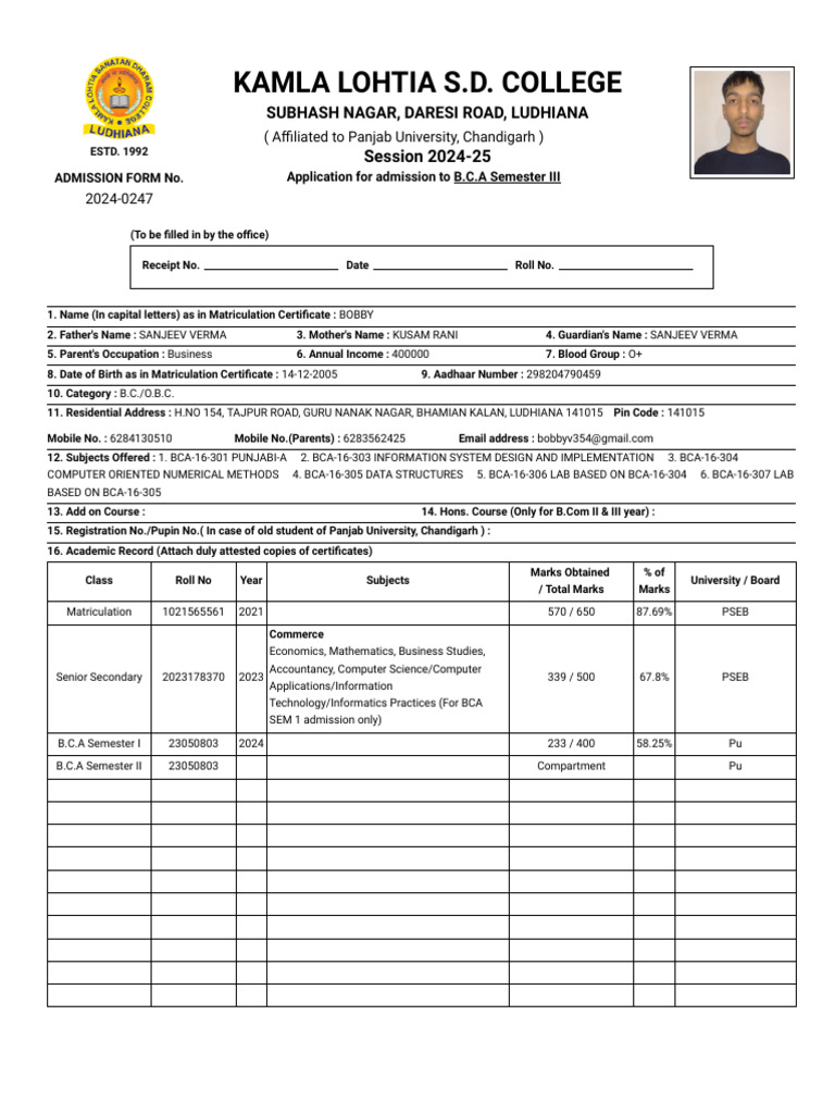 Admission Form - Kamla Lohtia Sanatan Dharam College | PDF