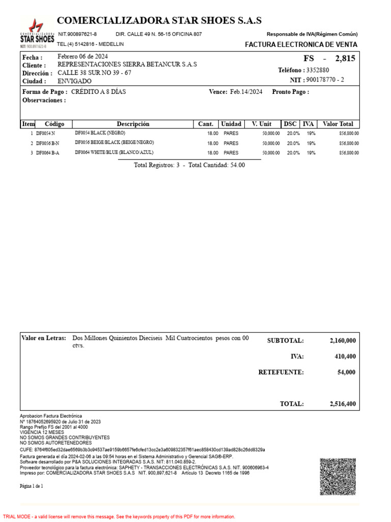 Comercializadora Star Shoes S.A.S: Factura Electrónica de Venta | PDF