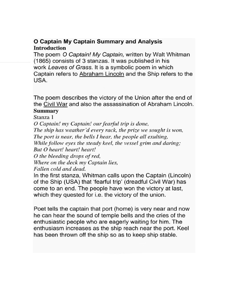 Summary and Analysis of Oh Captain! My Captain | PDF