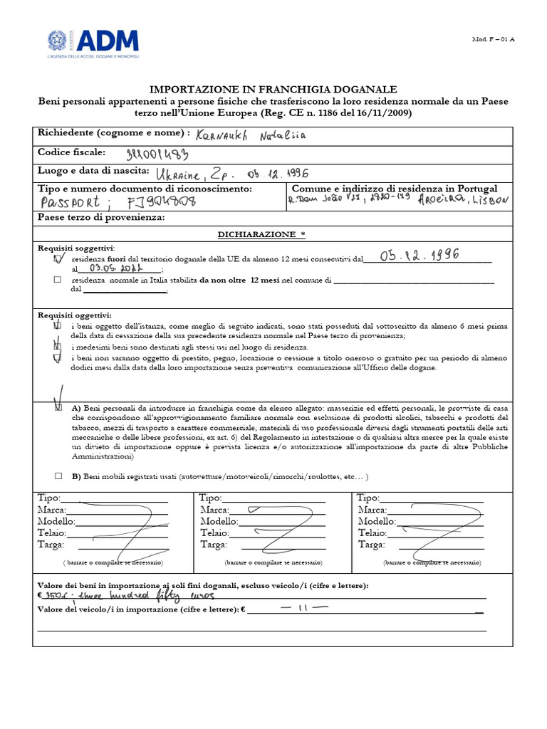 USO PERS MERCE DI RIENTRO Mod F 01 A Istanza Trasferimento Residenza | PDF