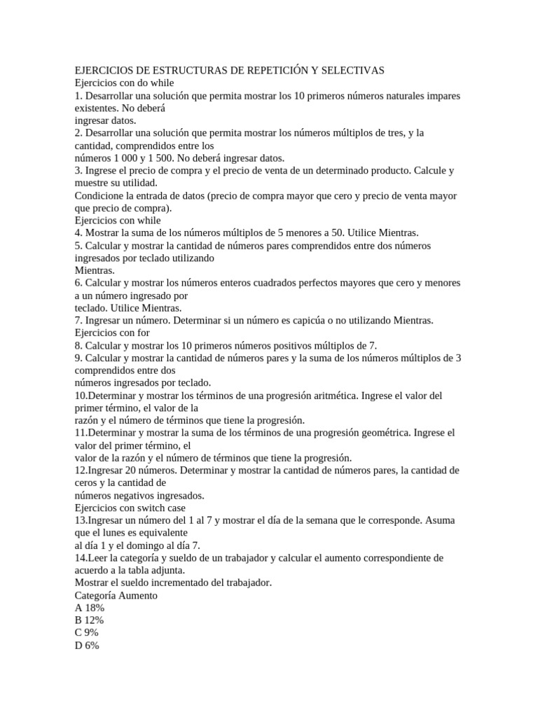 Ejercicios de Estructuras de Repetición y Selectivas | PDF